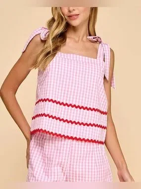 TCEC | Tops | Tcec Pink Gingham Tieshoulder Tank With Red Trim | Poshmark